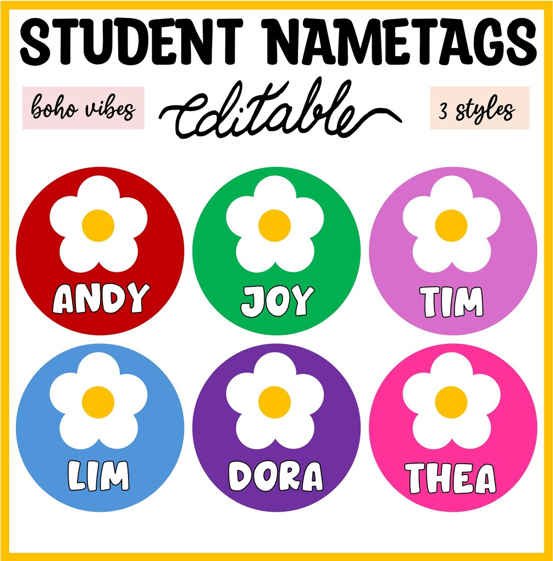 Printable Bright Colors Daisy Student Name Tags, Colorful Student Name ...