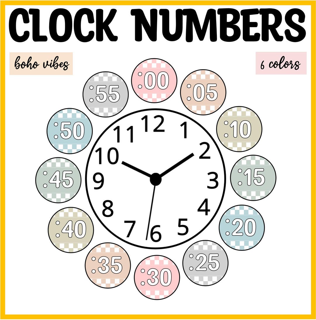 Printable Boho Neutral Checkered Classroom Clock Numbers, Back to ...