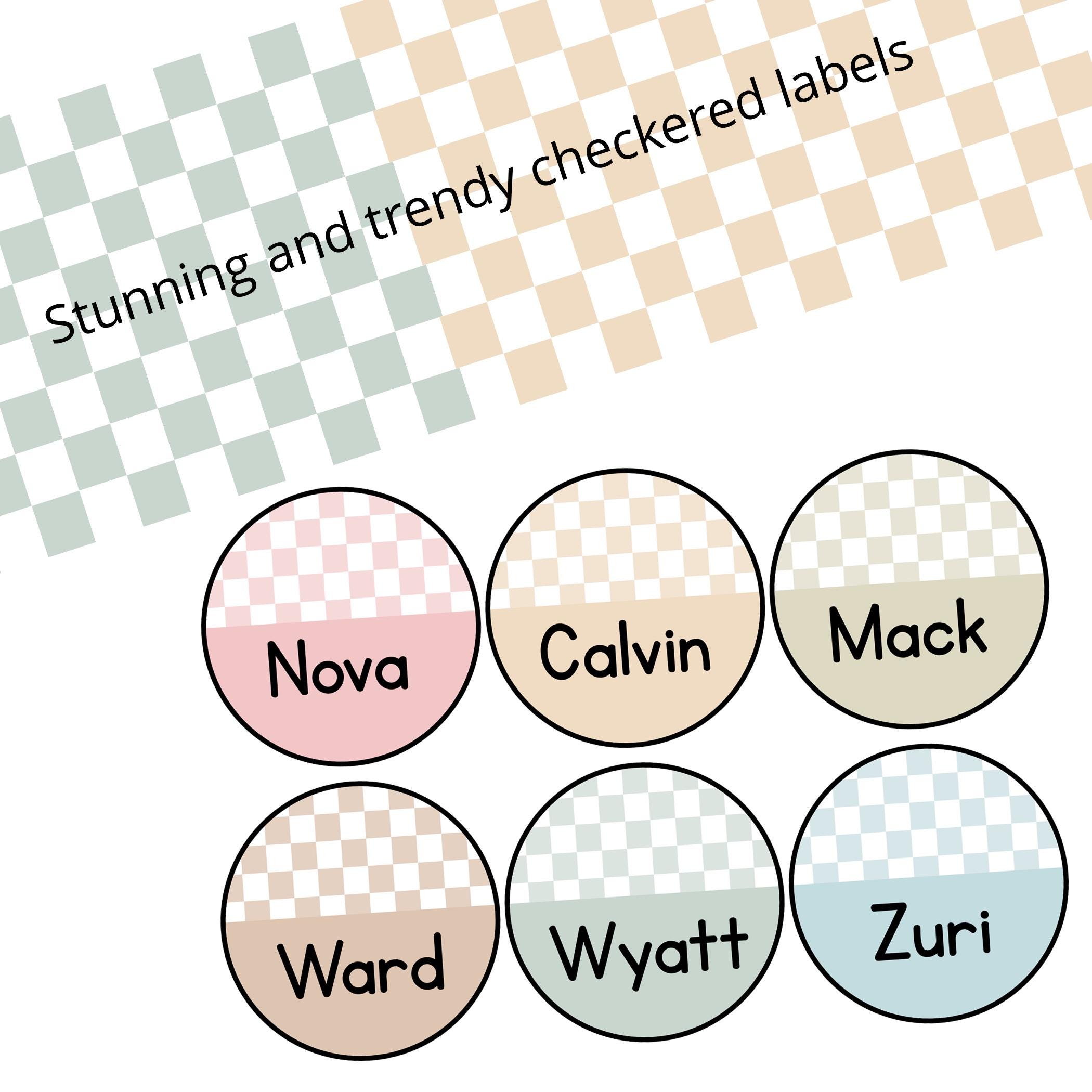 Printable Neutral Colors Round Checkered Student Name Labels, Checkered ...
