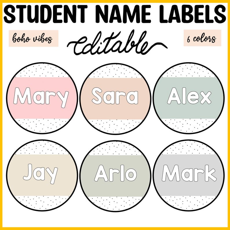 Printable Boho Neutral Minimalist Dotty Student Name Labels, Calm ...