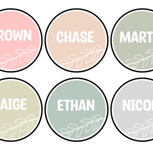 Printable Botanical Student Name Labels, Round Boho Neutral Name Cards ...
