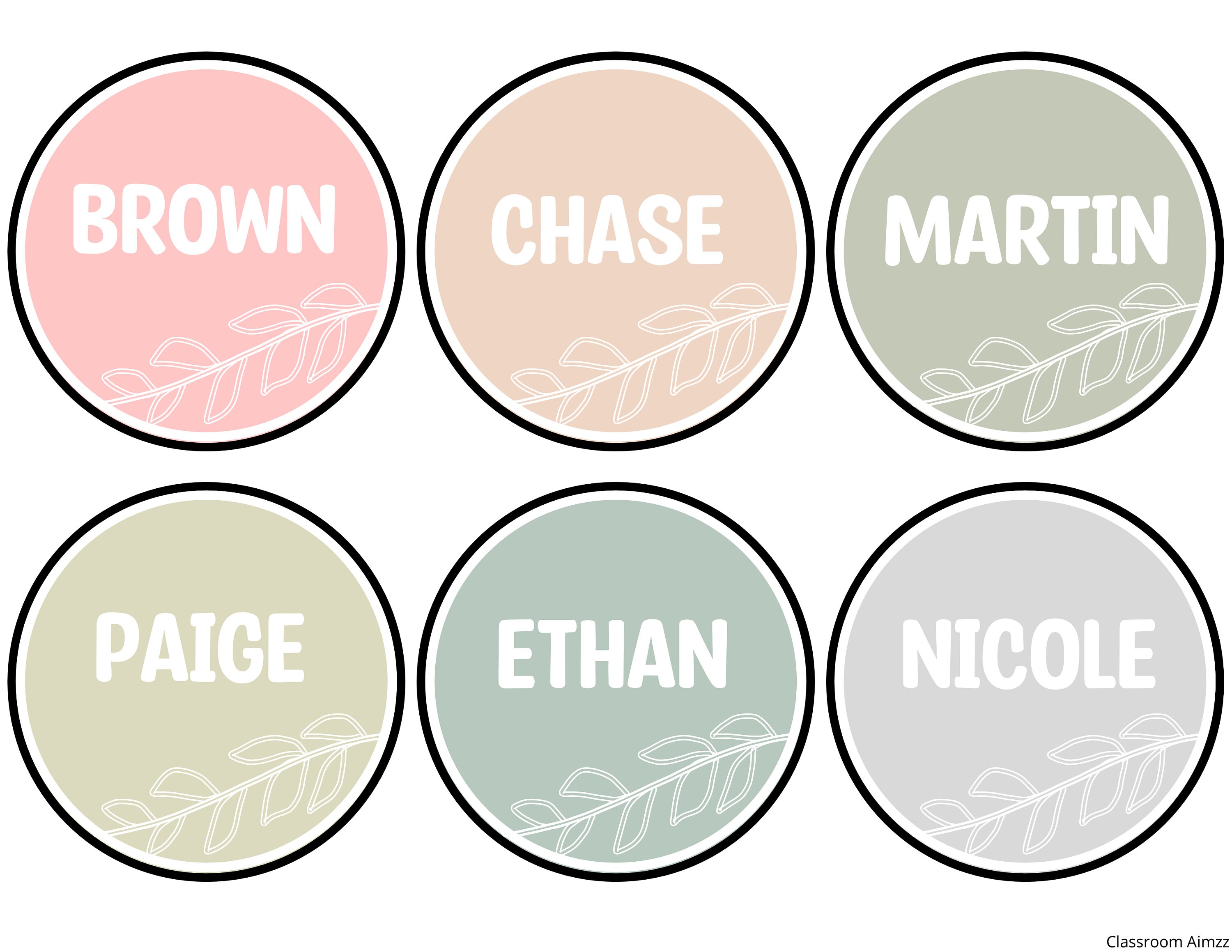 Printable Botanical Student Name Labels, Round Boho Neutral Name Cards ...
