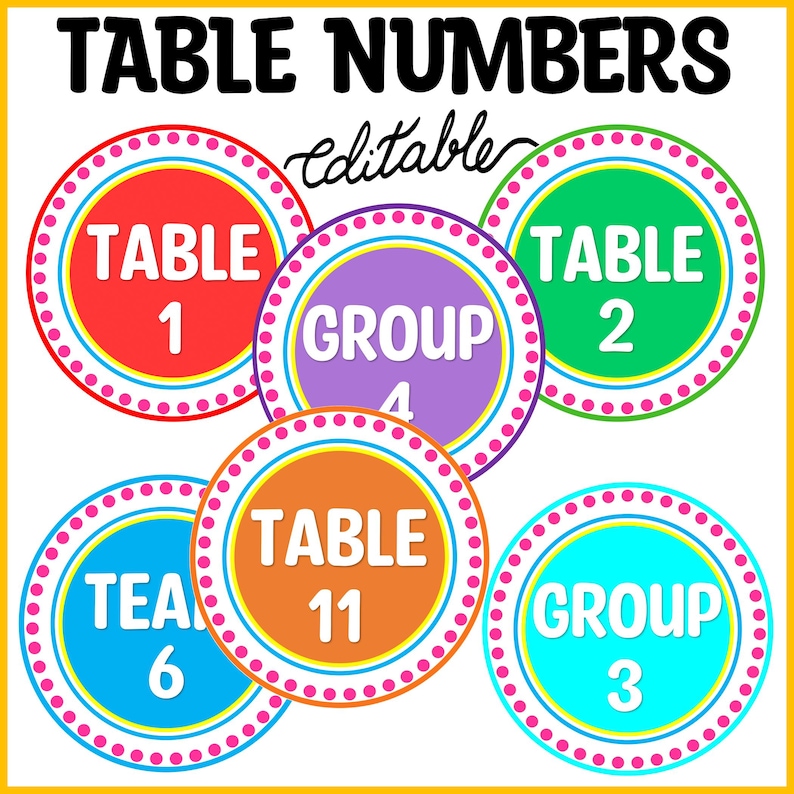 Printable Back to School Bright Table, Team and Group Numbers ...