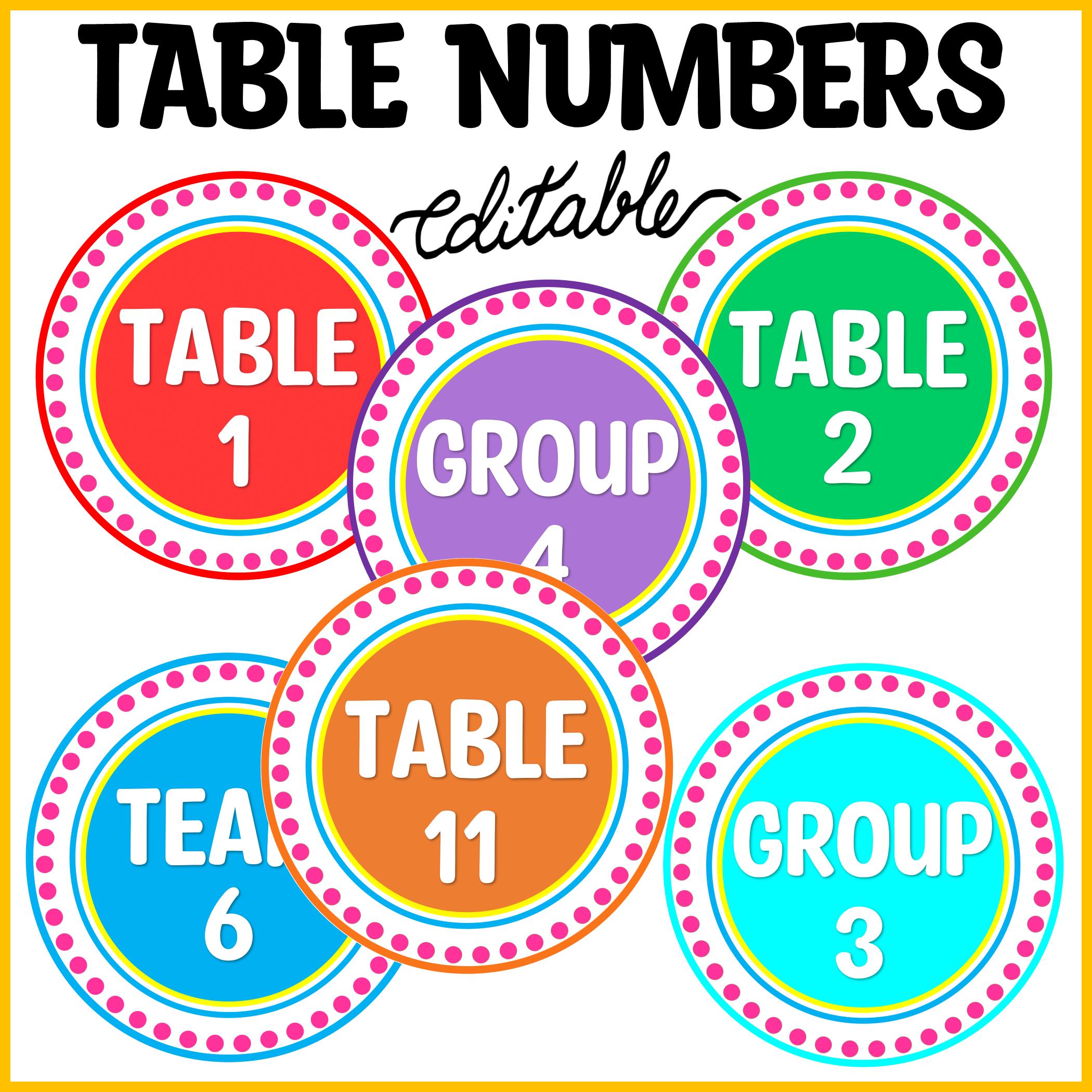 Printable Back to School Bright Table, Team and Group Numbers ...