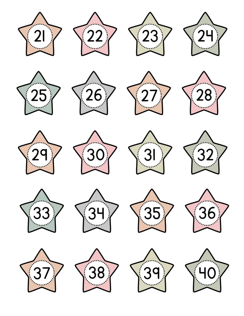 Printable Boho Neutral Small Stars Number Labels, Colorful Small Number ...
