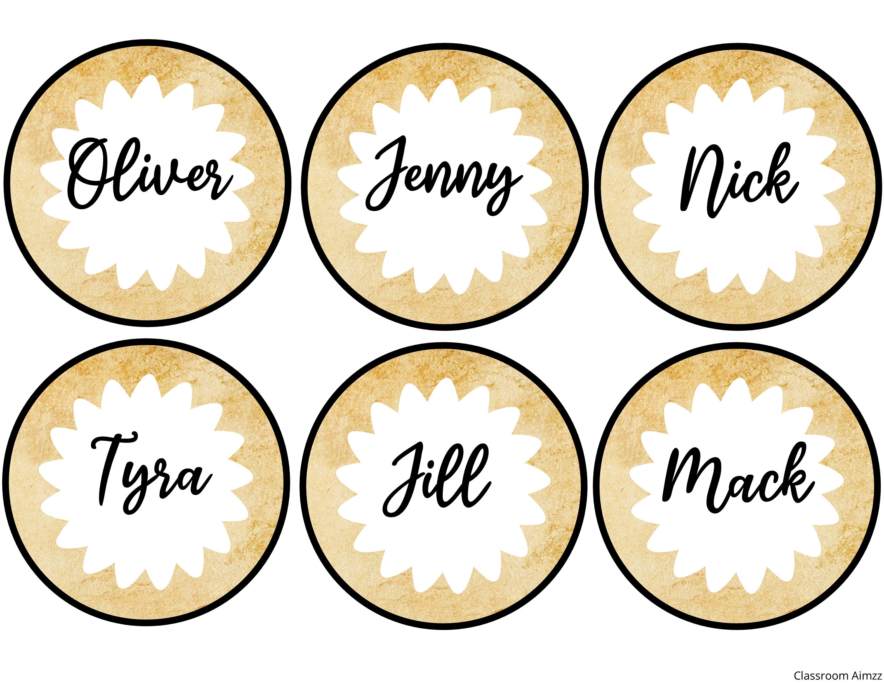 Printable Student Name Labels, Round Vintage Background Name Cards ...