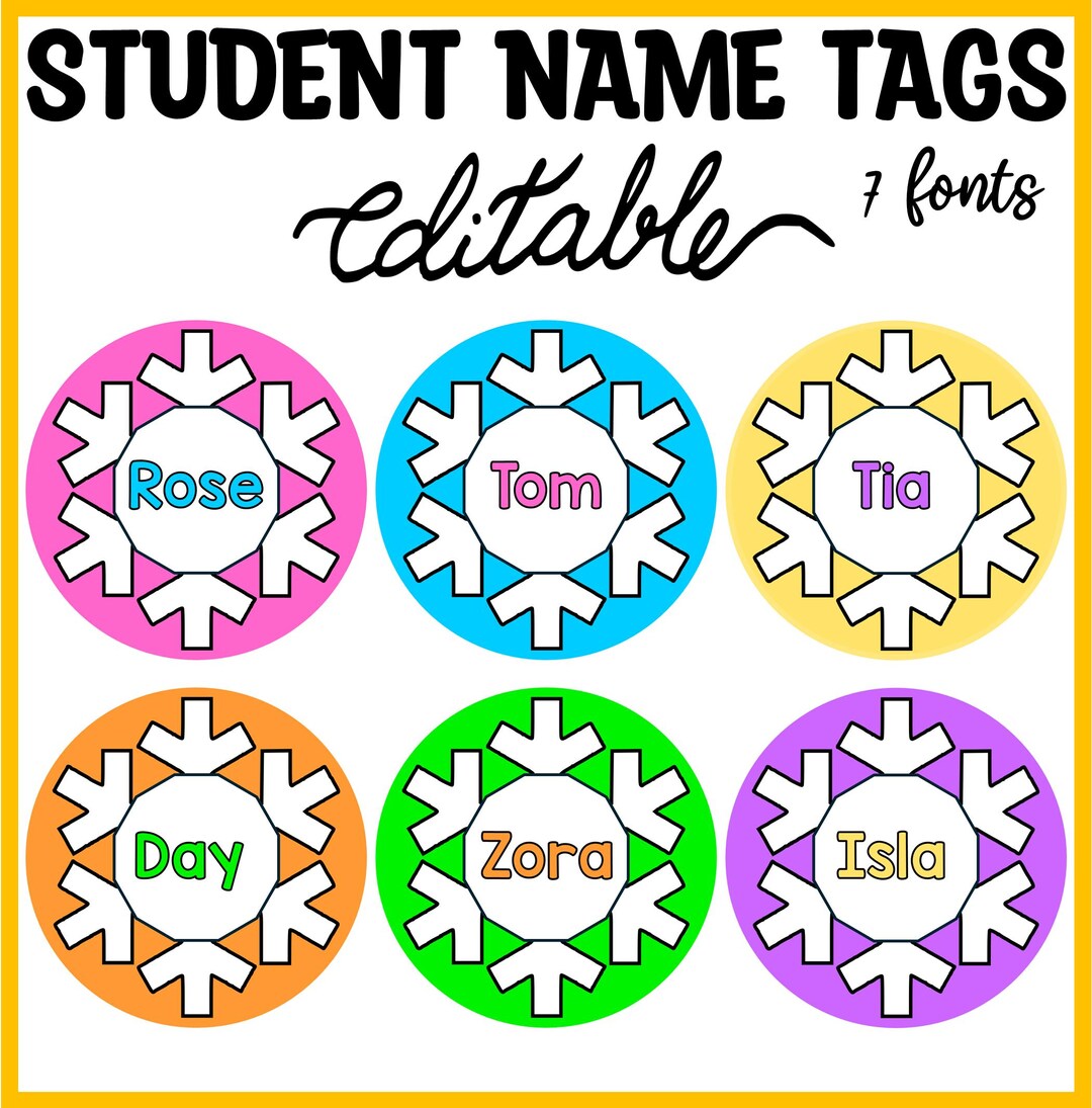 Bright Name Tags, Editable Winter Name Plates, Colorful Snowflakes Name ...