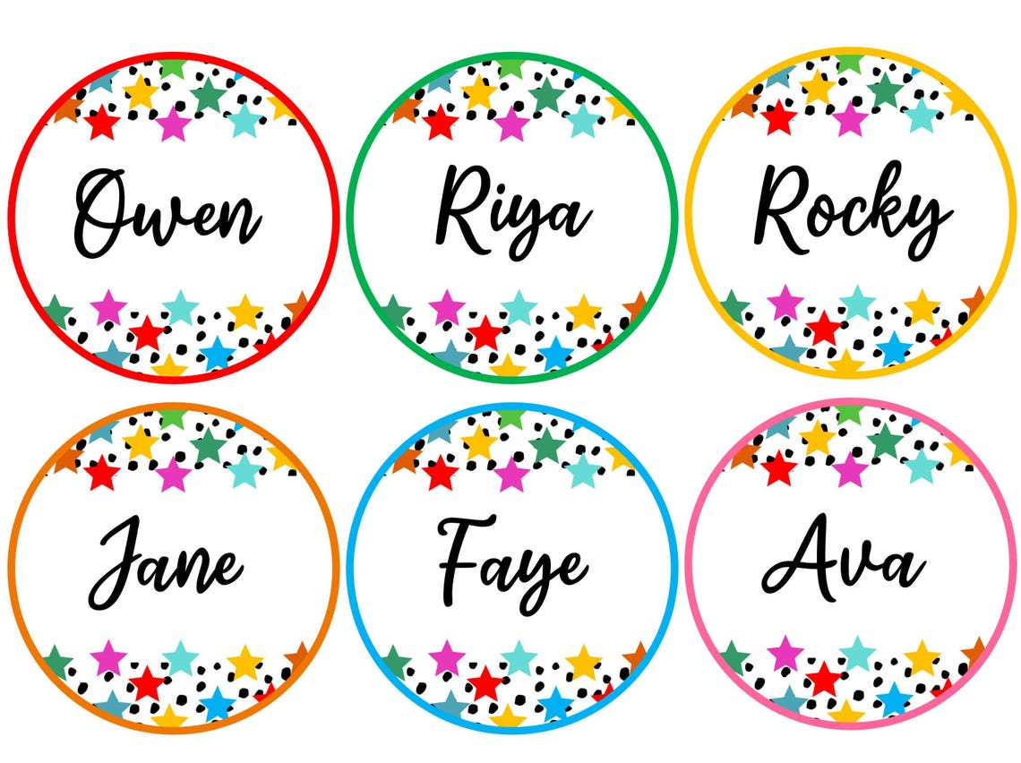 Printable Spotty Bright Stars Student Name Labels, Colorful Stars ...