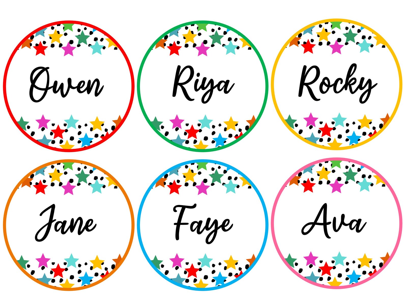Printable Spotty Bright Stars Student Name Labels, Colorful Stars ...
