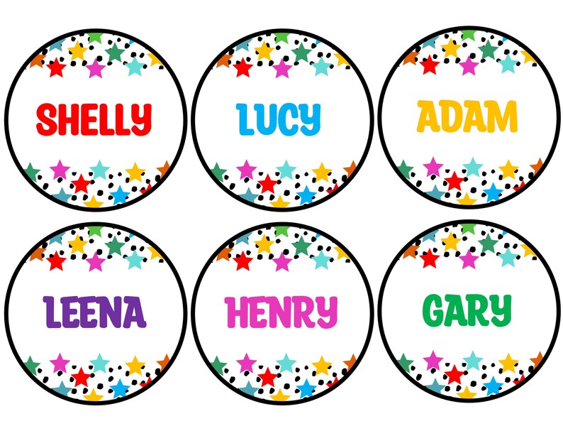 Printable Spotty Bright Stars Student Name Labels, Colorful Stars ...