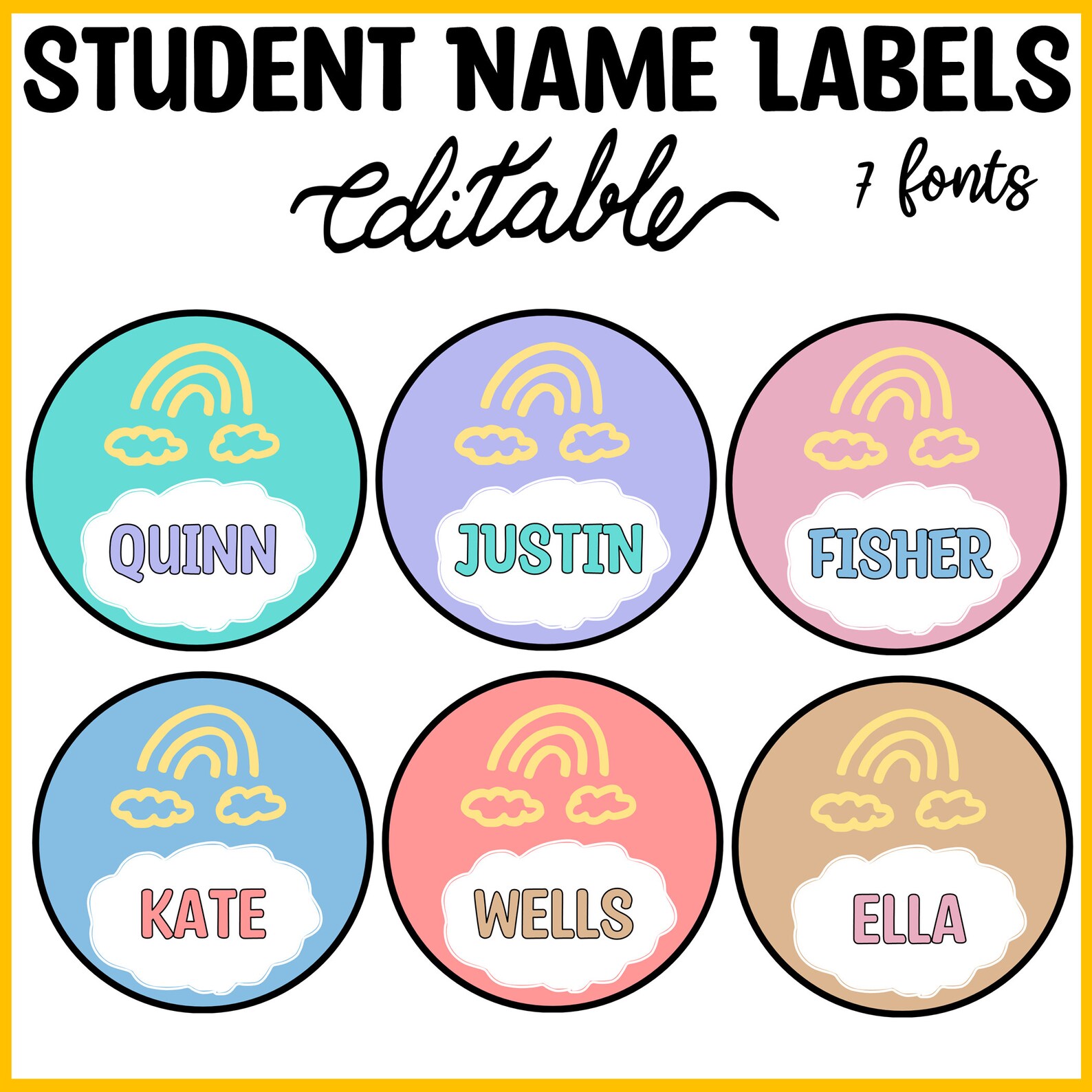 Back to School Rainbow Theme Round Student Name Labels, Bright Rainbow ...