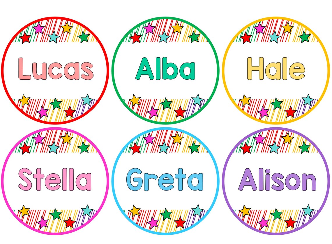 Printable Bright Stars Round Student Name Labels, Colorful Classroom ...