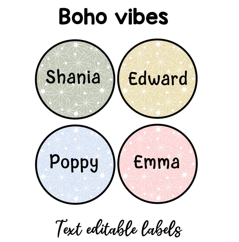 Printable Floral Name Labels, Circle Boho Student Name Plates, Name ...