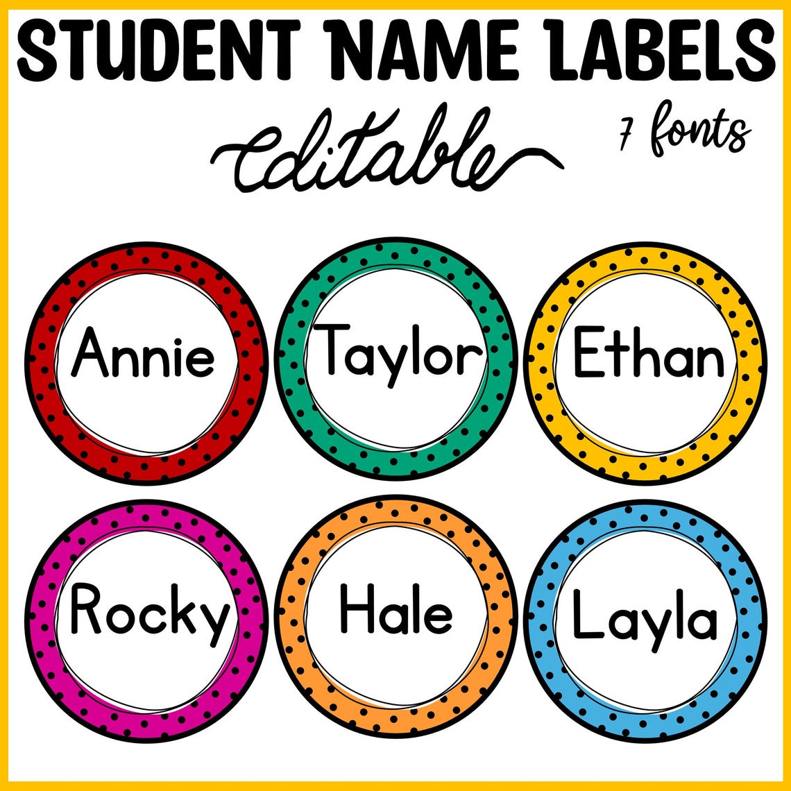 Printable Black and Bright Polka Dots Student Name Labels, Name Signs ...