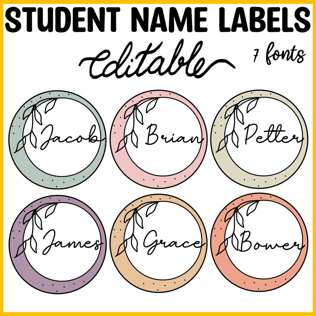 Printable Botanical Student Name Labels, Editable Name Badges, Boho ...