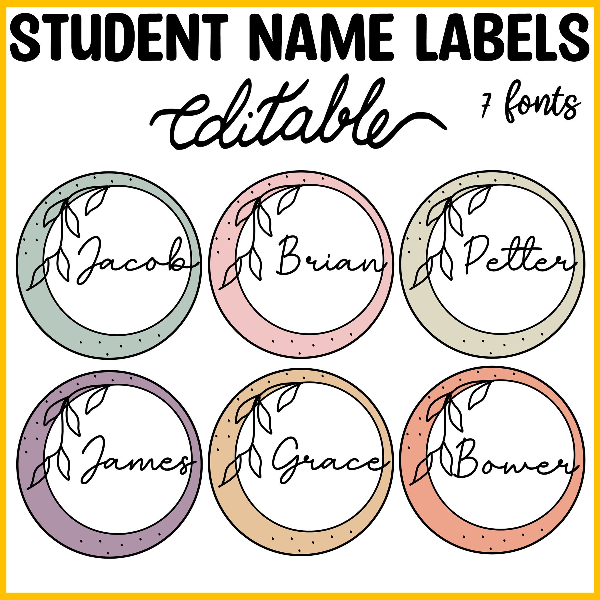 Printable Botanical Student Name Labels, Editable Name Badges, Boho ...