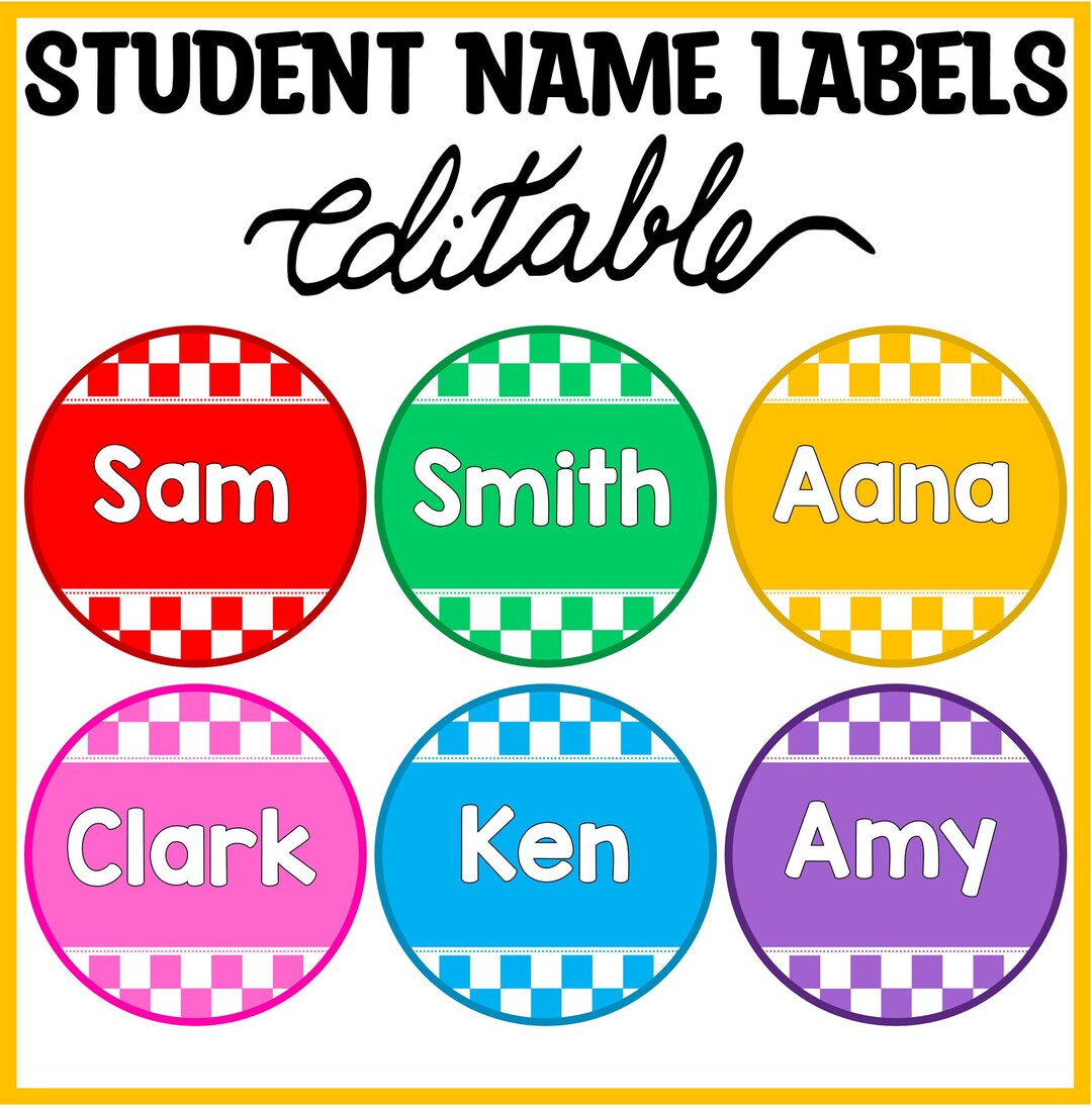 Round Bright Checkered Student Name Labels, KG Bright Colors Name ...