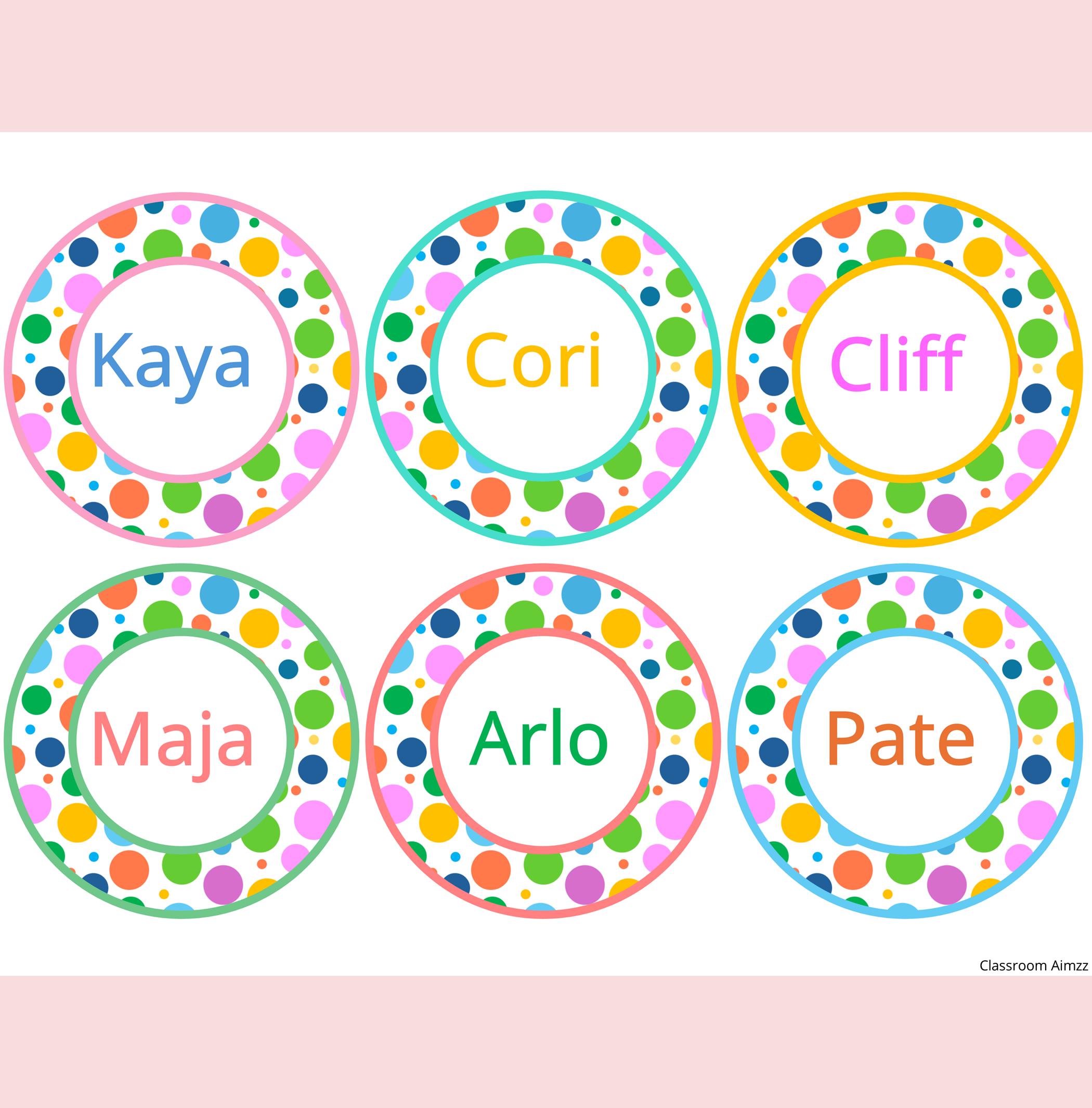Printable Polka Dots Student Name Labels. Bright and Colorful Round ...