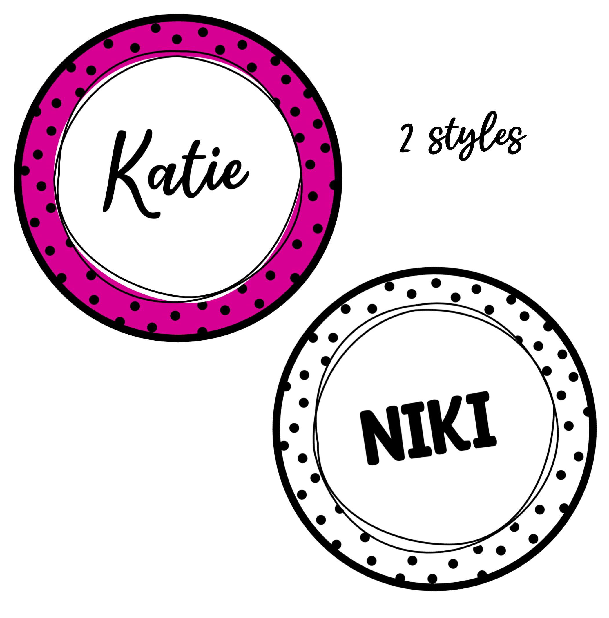 Printable Black and Bright Polka Dots Student Name Labels, Name Signs ...