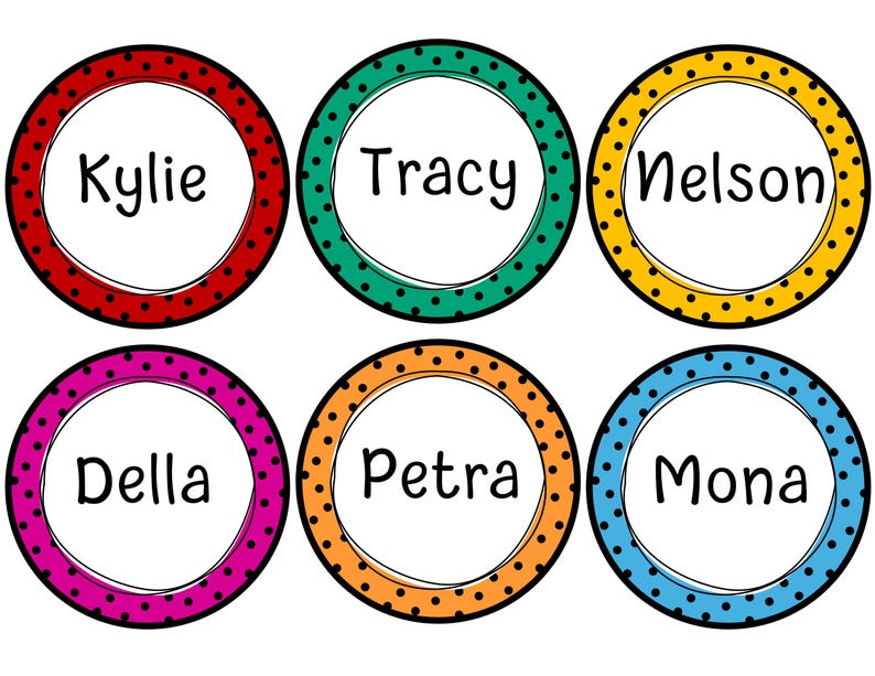 Printable Black and Bright Polka Dots Student Name Labels, Name Signs ...