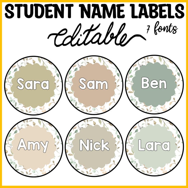 Printable Botanical Student Name Labels, Round Cubbies Labels, Boho ...