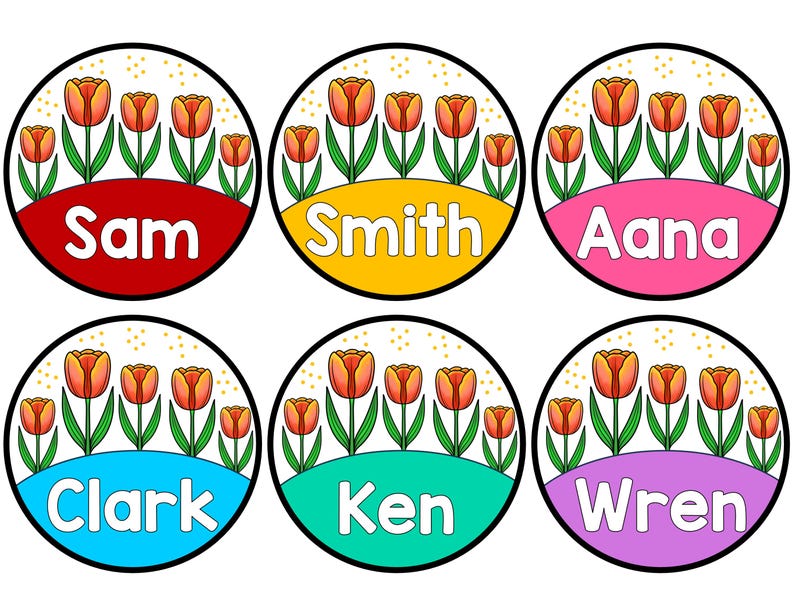 Printable Spring Nametags, Printable Bright Tulip Student Name Labels ...