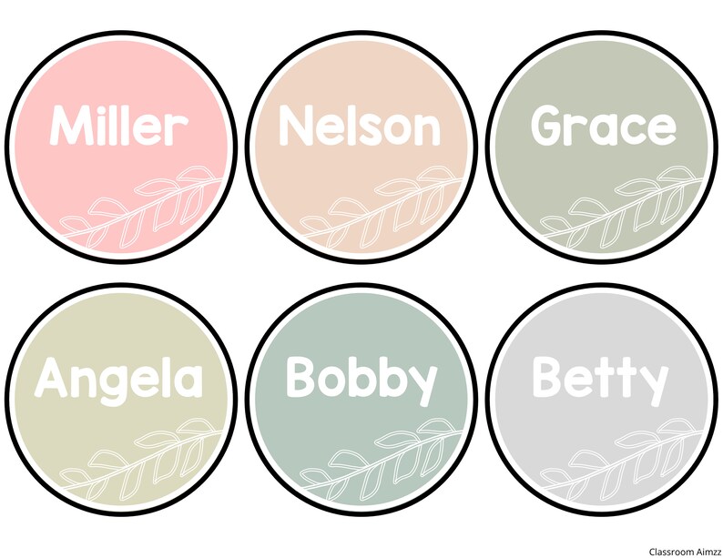 Printable Botanical Student Name Labels, Round Boho Neutral Name Cards ...