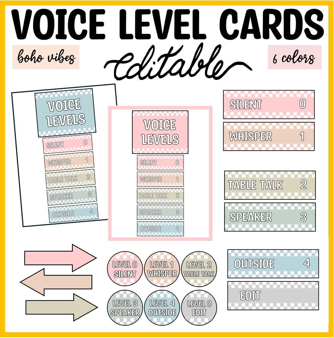 Boho Checkered Classroom Voice Level Cards, Back to School Editable ...