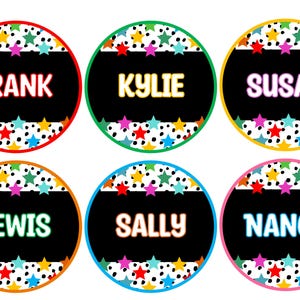 Printable Black and Bright Spotty Stars Student Name Labels, Circle ...
