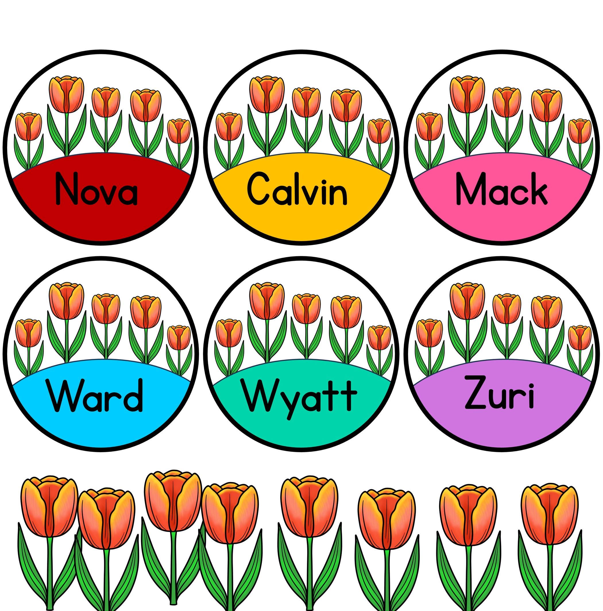 Printable Spring Nametags, Printable Bright Tulip Student Name Labels ...