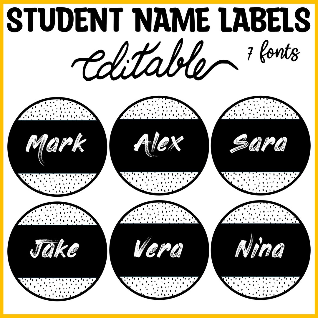 Printable Black and Bright Round Student Name Labels, Cubby Labels ...