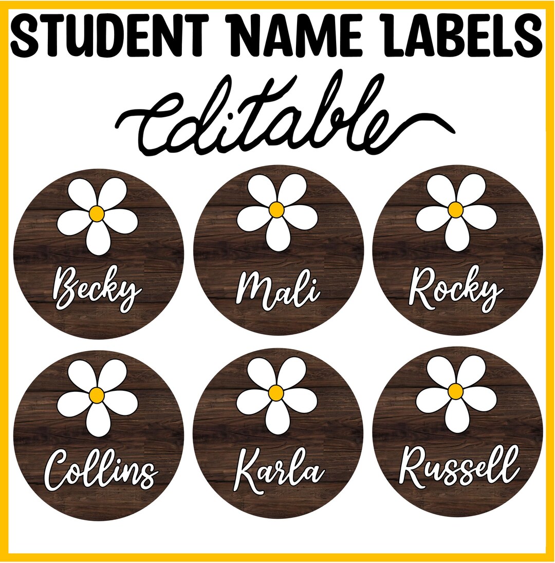 Farmhouse Rustic Daisy Student Name Labels, Editable Floral Name Plates ...
