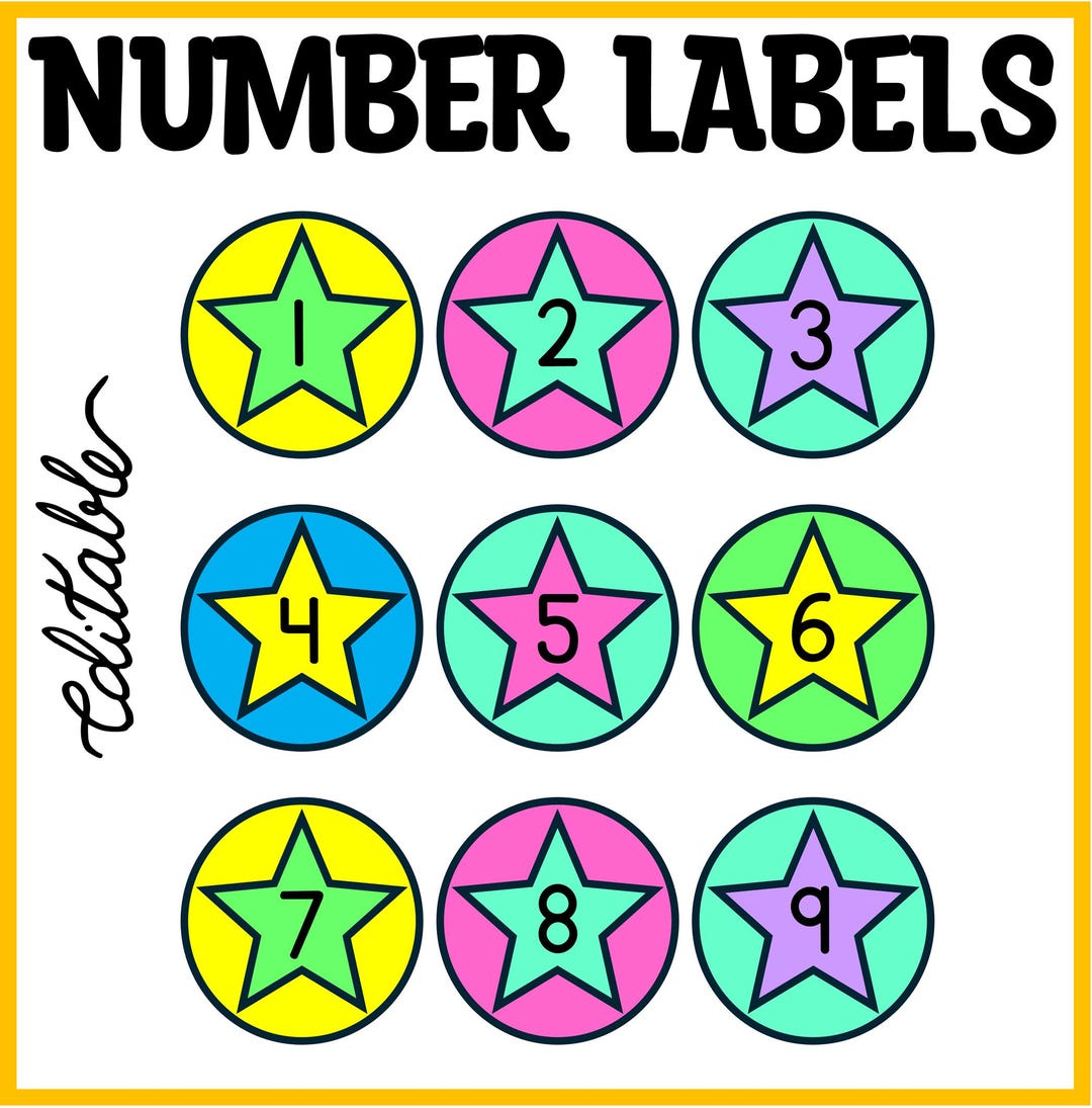 Printable Bright Star Number Labels, Round Number Tags, Locker Numbers ...