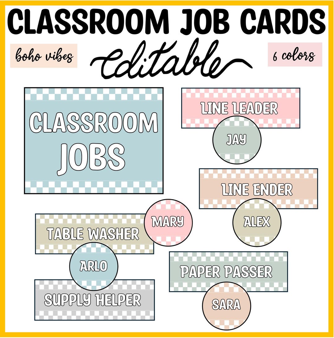 Printable Checkered Classroom Jobs Labels, Editable Boho Classroom Jobs ...
