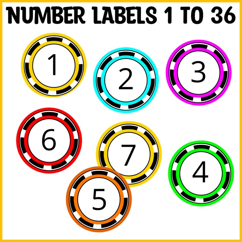 Printable Back to School Bright Wheel Number Labels 1 to 36, Round ...