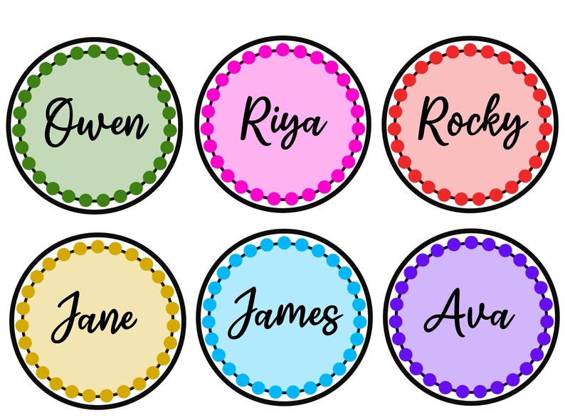 Printable Bright Round Student Name Labels, Circle Name Badges, Name ...