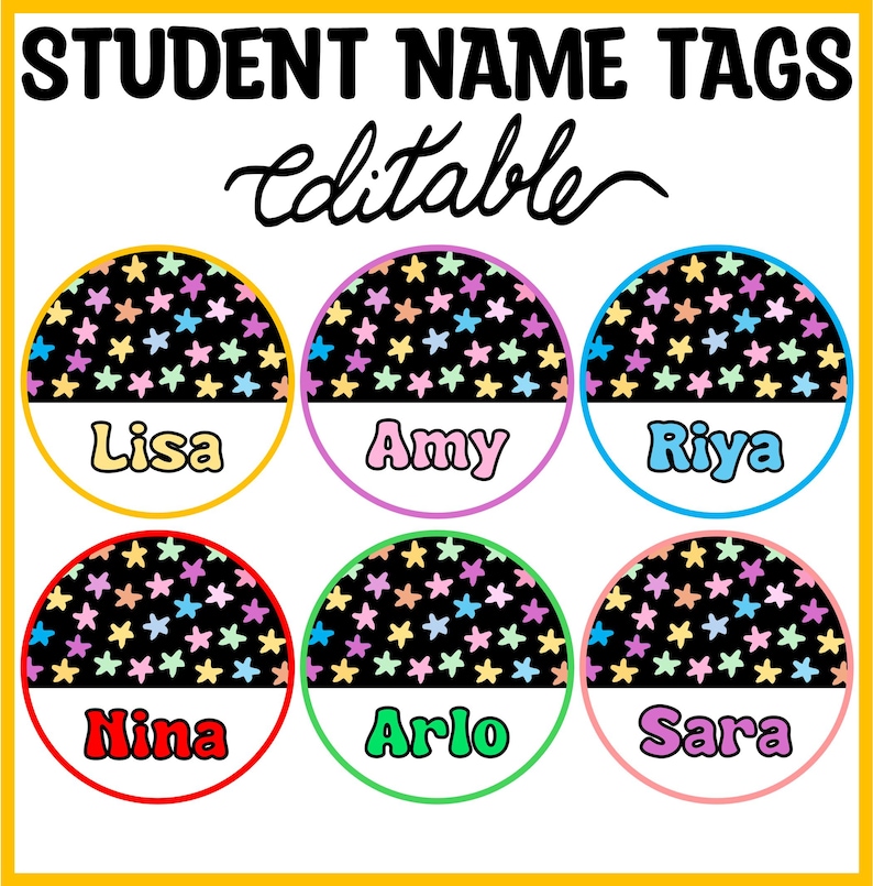 Printable Black and Bright Stars Student Nametags, Star Name Labels ...
