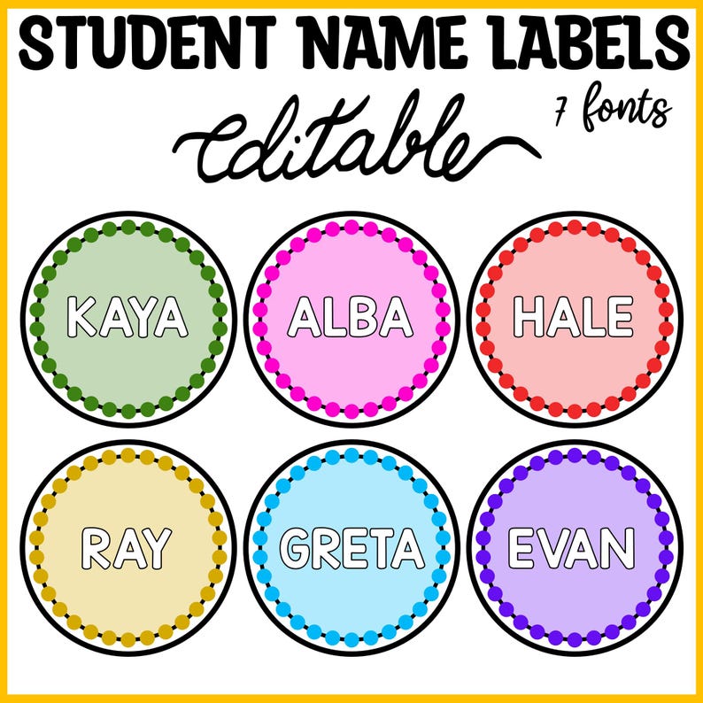 Printable Bright Round Student Name Labels, Circle Name Badges, Name ...