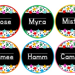 Printable Black and Bright Spotty Stars Student Name Labels, Circle ...