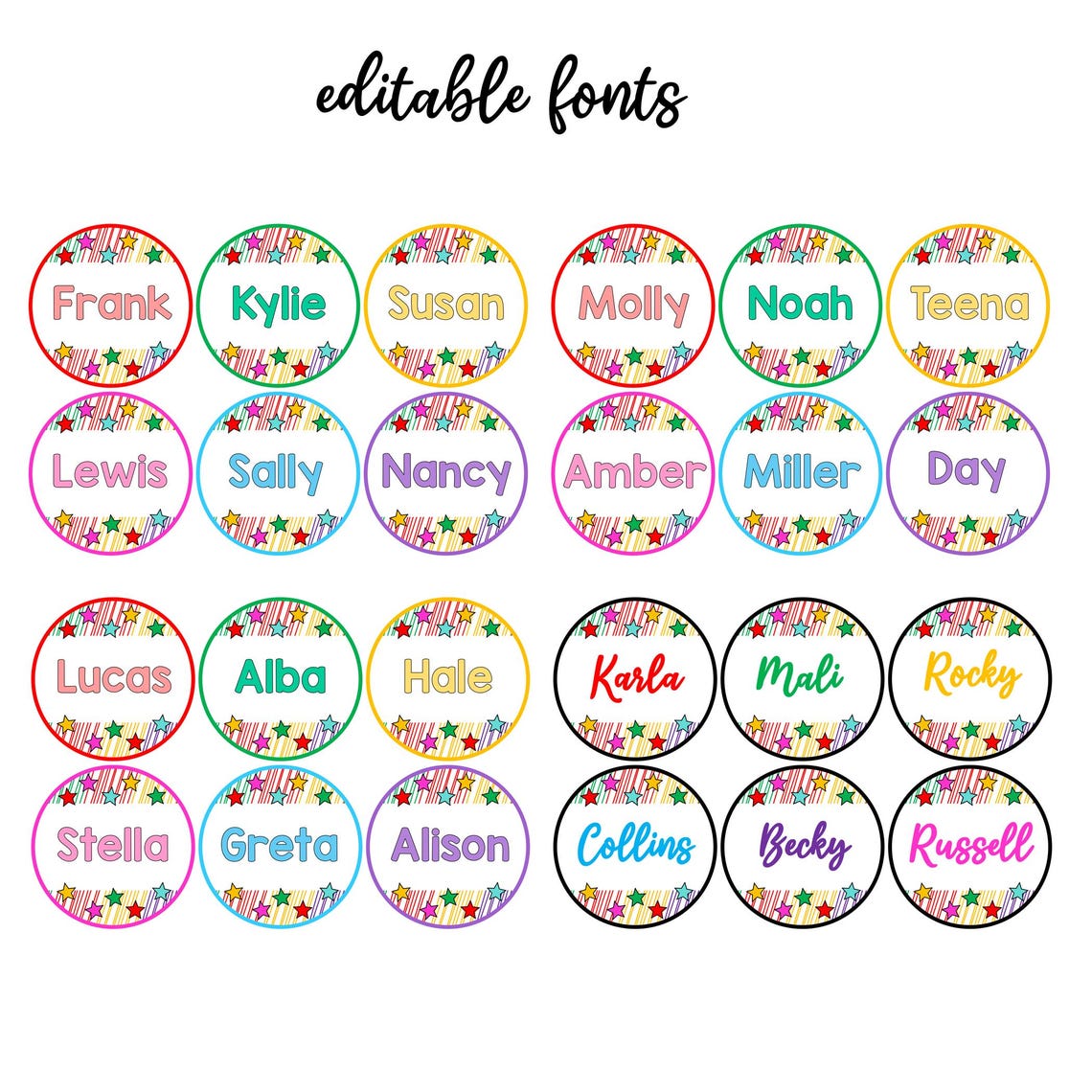 Printable Bright Stars Round Student Name Labels, Colorful Classroom ...