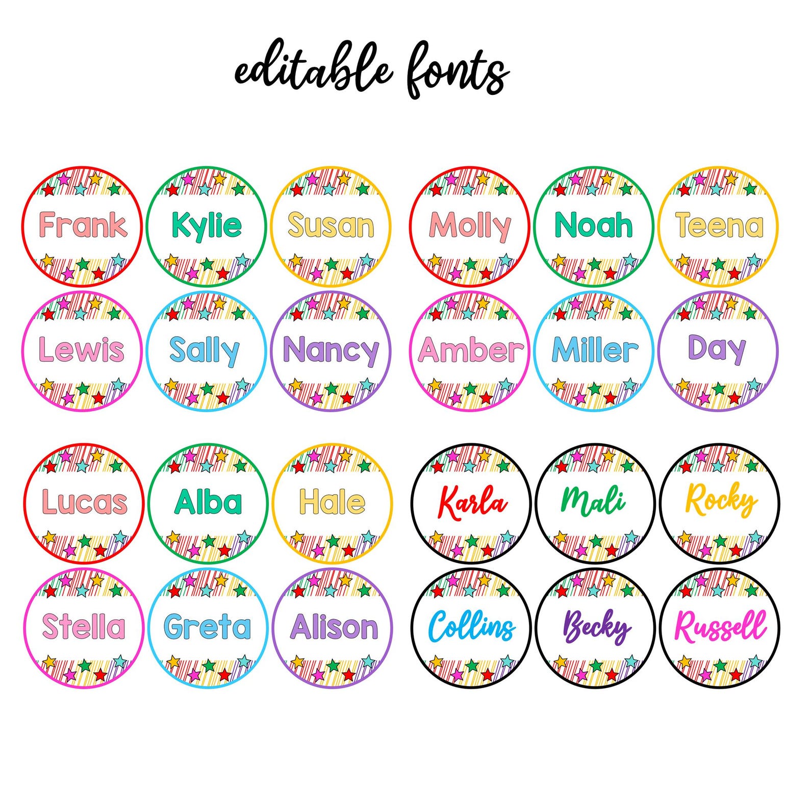 Printable Bright Stars Round Student Name Labels, Colorful Classroom ...