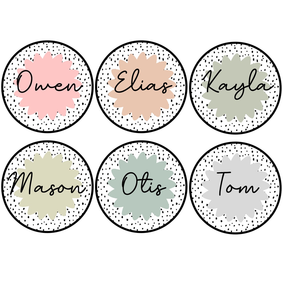 Printable Boho Neutral Spotty Student Name Labels, Circle Tags, Bin ...
