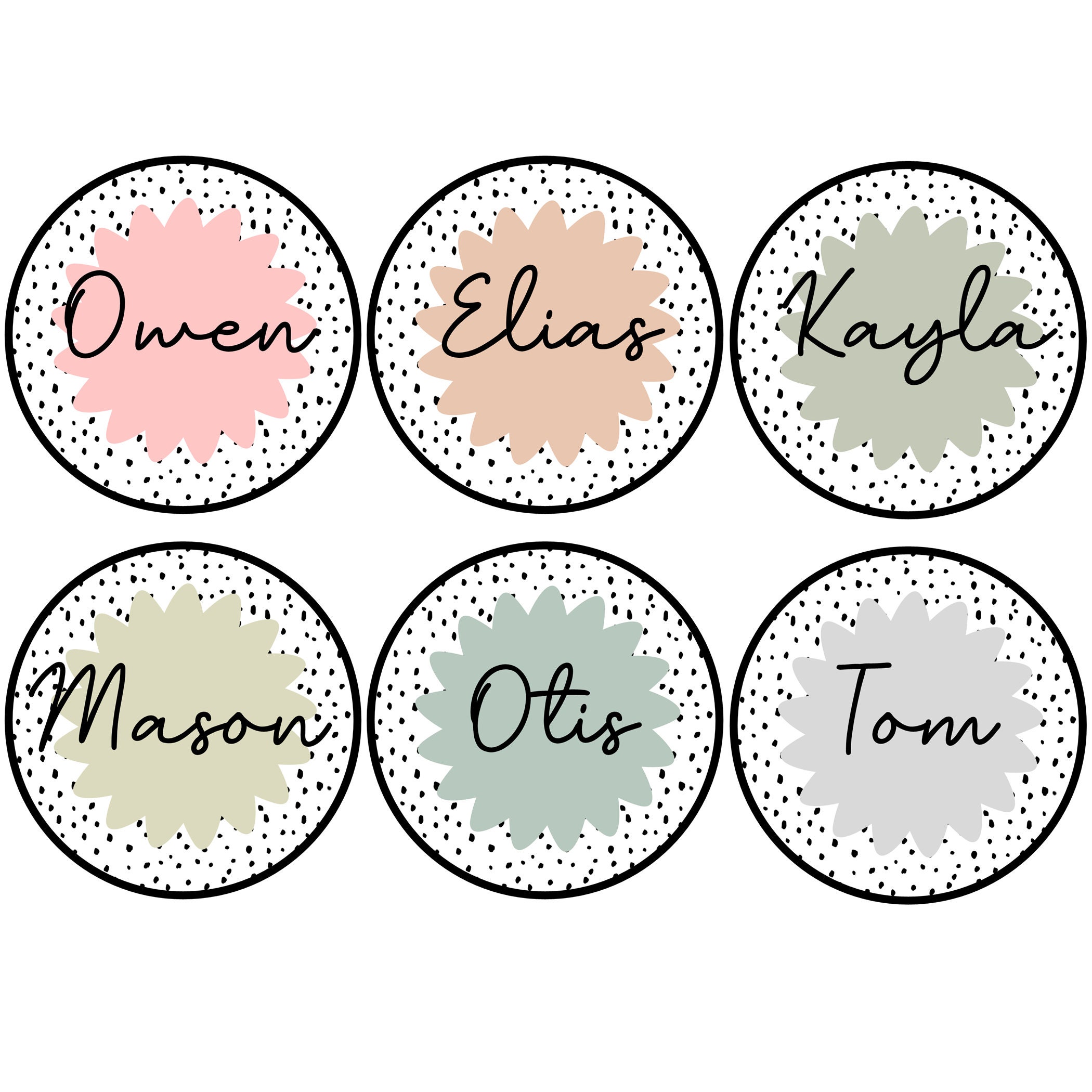 Printable Boho Neutral Spotty Student Name Labels, Circle Tags, Bin ...