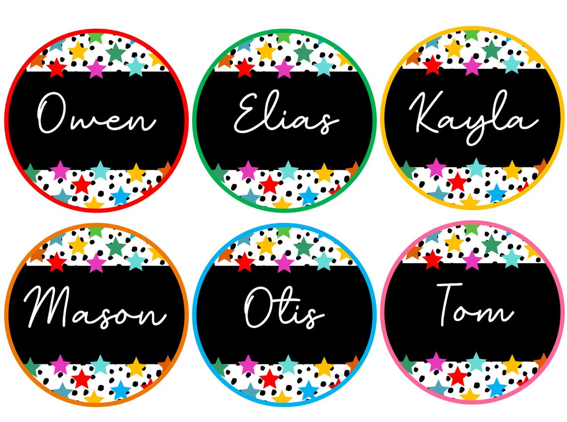 Printable Black and Bright Spotty Stars Student Name Labels, Circle ...