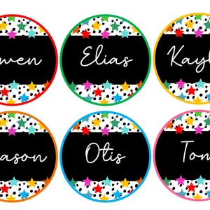 Printable Black and Bright Spotty Stars Student Name Labels, Circle ...