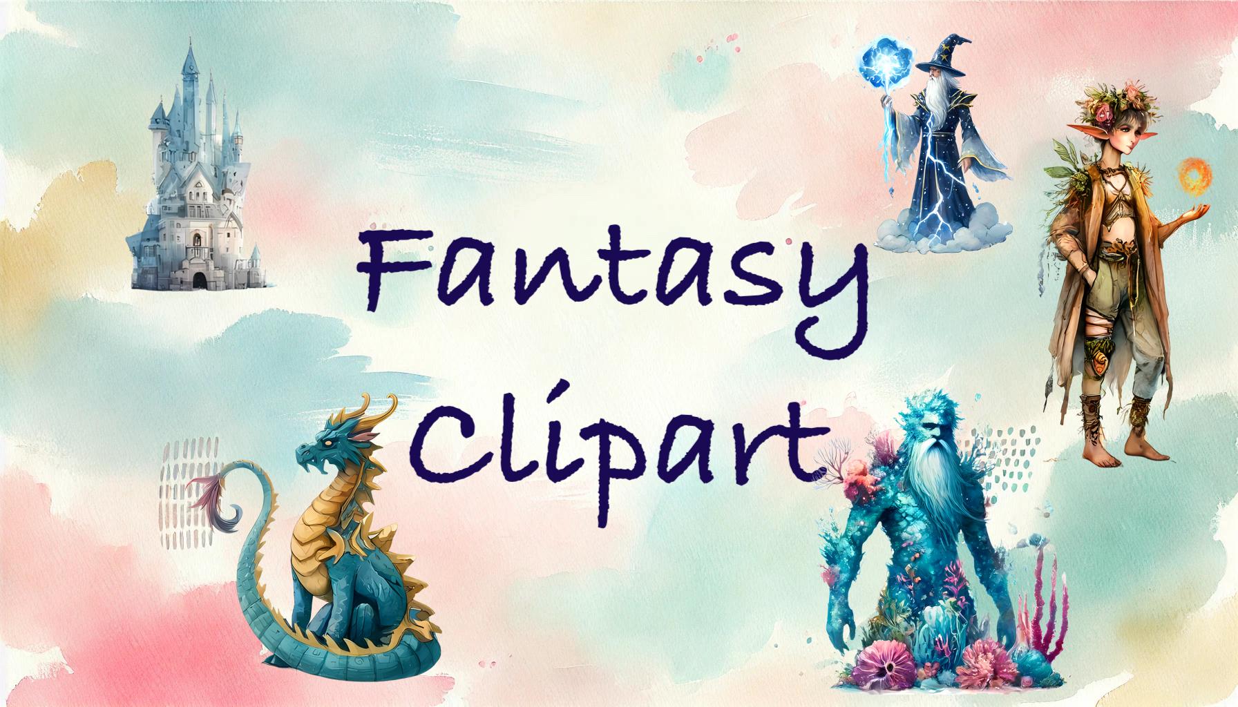 Fantasy Clip Art Bundle Watercolor Wizards, Castles, Elves, Dragons ...