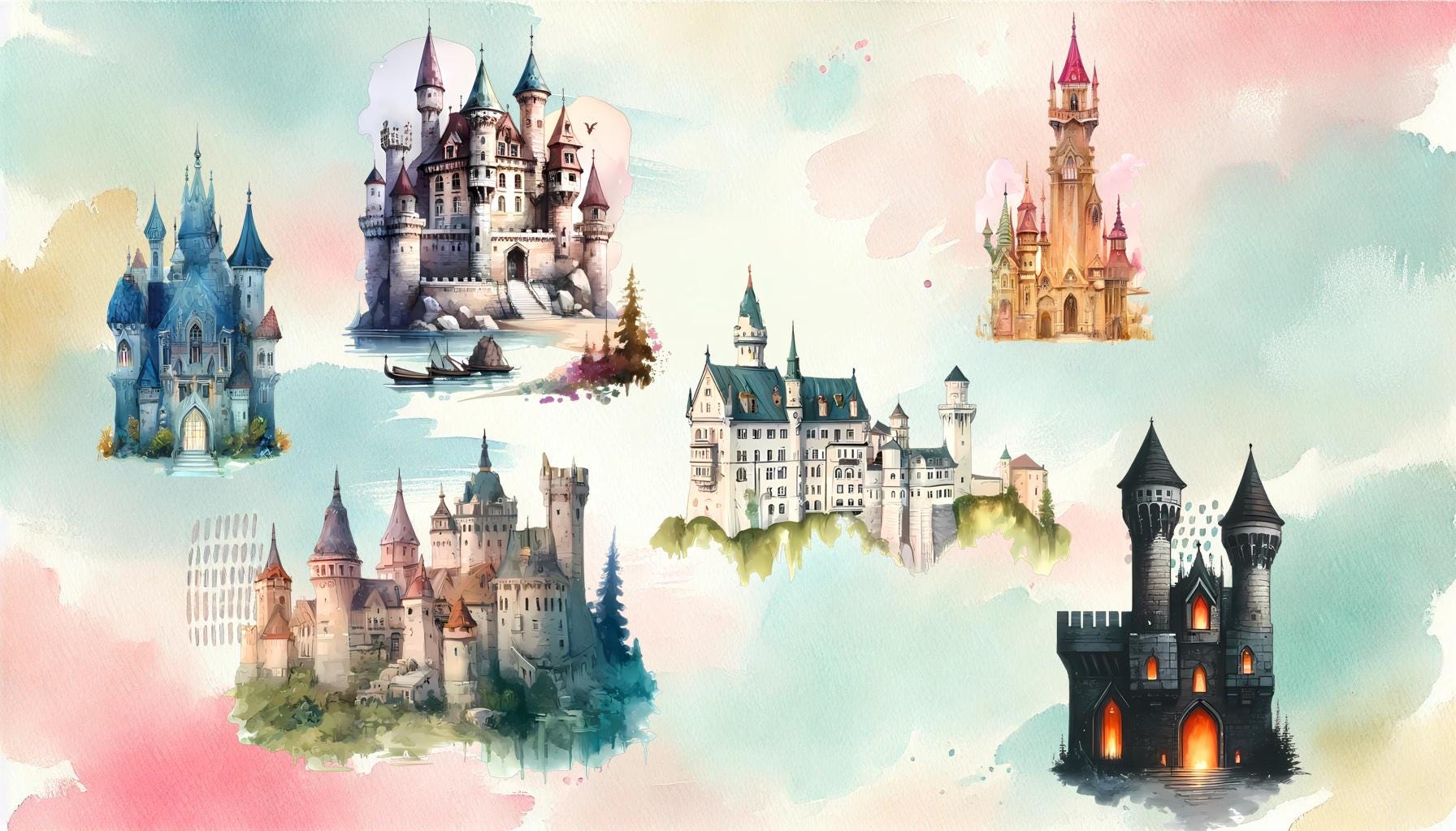 Fantasy Clip Art Bundle Watercolor Wizards, Castles, Elves, Dragons ...