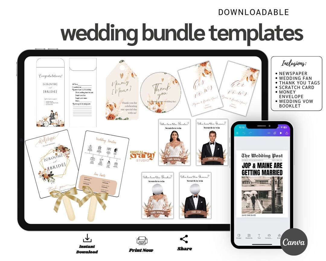 Wedding Bundle Printables newspaper, Labels, Scratch Card, Money ...
