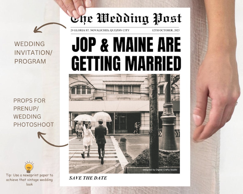 Wedding Newspaper Invitation, Wedding Program, Newspaper Template, Digital Invitation, Vintage ...