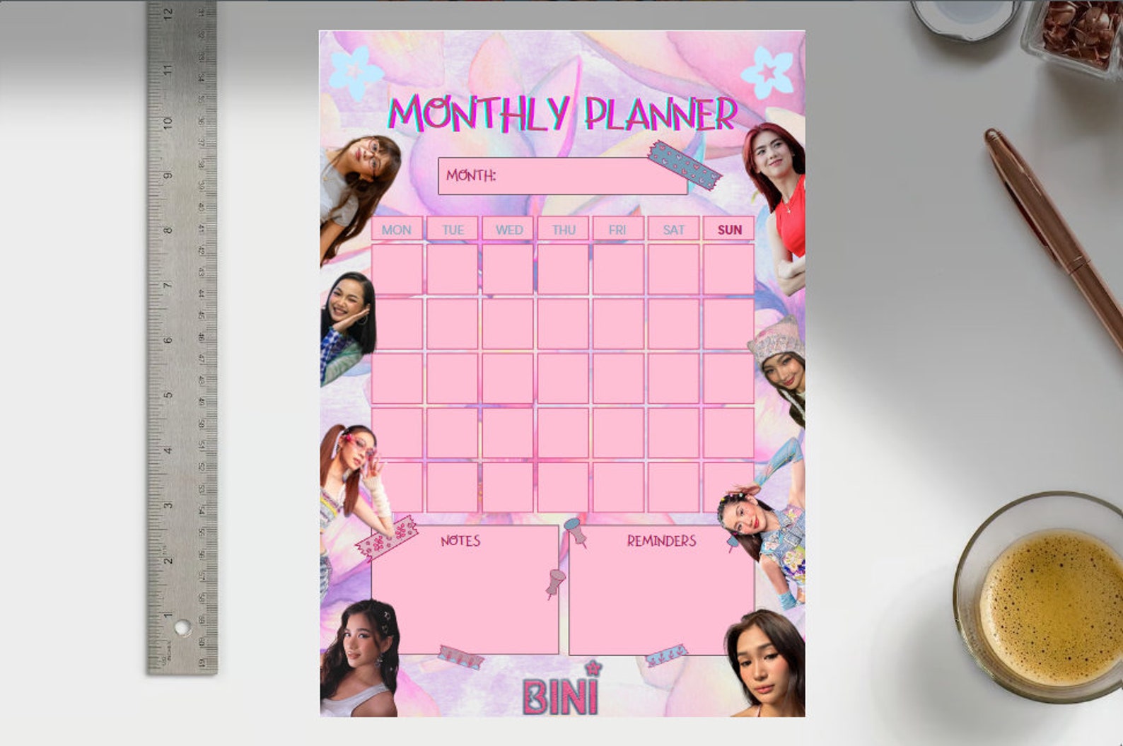 Bini Inspired Monthly Planner Printable With Notes Personalized With ...